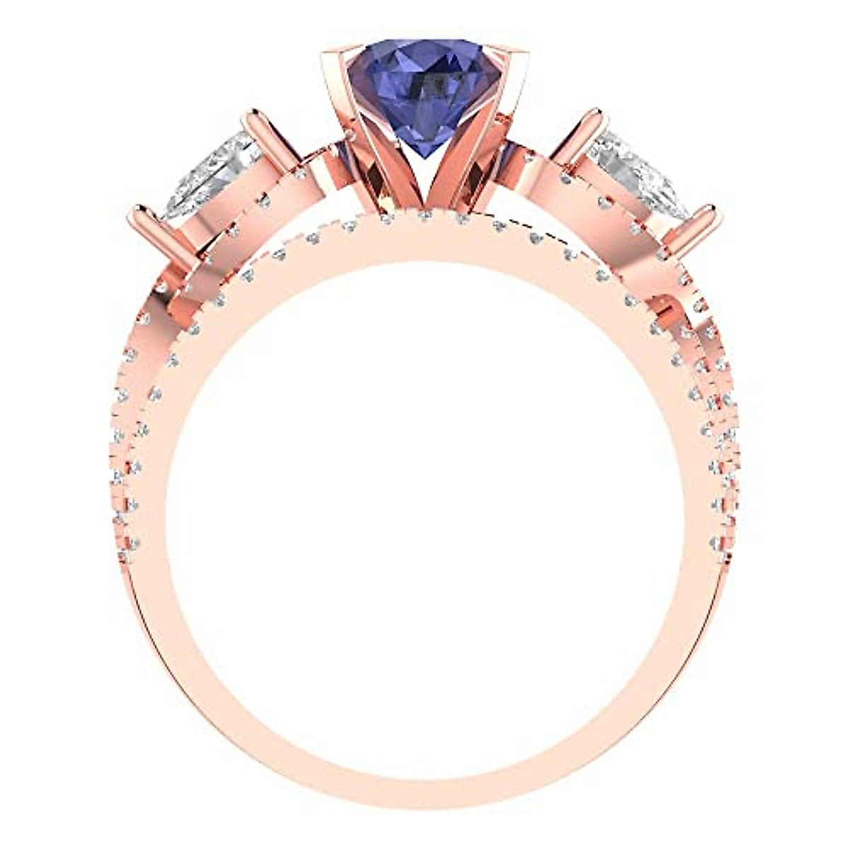 Clara Pucci 1.95 carat Round Shape 3 stone Simulated Tanzanite Wedding Anniversary Bridal Engagement Ring Band set 14k Rose Gold 6.25