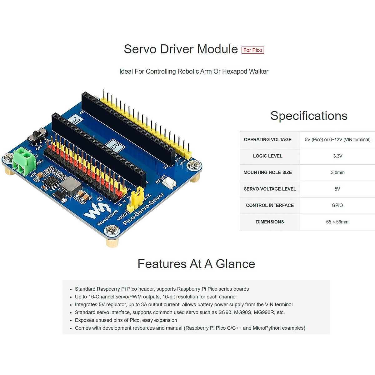 Servo Driver Module for Raspberry Pi Pico, Up to 16-Channel Servo/PWM Outputs, 16-bit Resolution for Each Channel,Onboard Standard Servo Interface to SG90/MG90S/MG996R,etc.