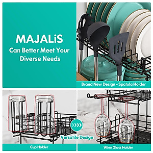 MAJALiS Kitchen Dish Drying Rack, 2 Tier Dish Drainer for Kitchen Counter, Stainless Steel Dish Strainer with Drain Board, for Dishes, Bowls, Cups, Knives, Forks, Cutting-Board, Spatula,Black