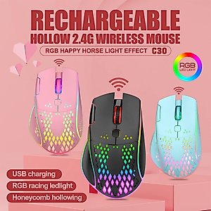 VEGCOO Wireless Gaming Mouse, C30 Silent Click Wireless Rechargeable Gaming Mouse with Double-Click Key and Colorful LED Lights, 3 Level Adjustable DPI, 400mah Lithium Battery for Gaming and Working