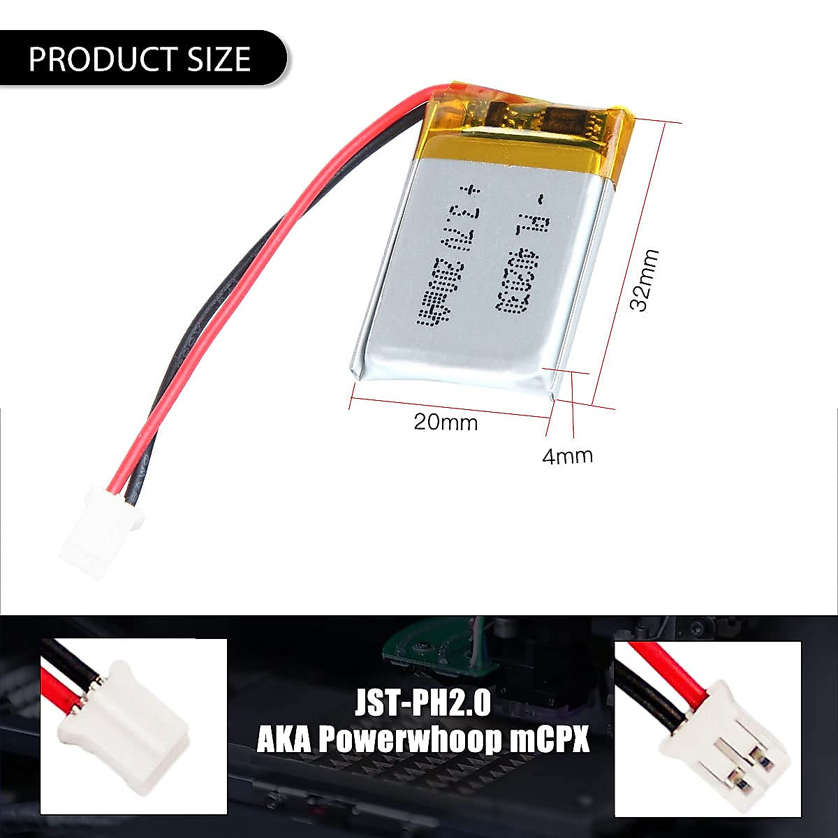 AKZYTUE 3.7V 180mAh 402030 Lipo Battery Rechargeable Lithium Polymer ion Battery Pack with PH2.0mm JST Connector