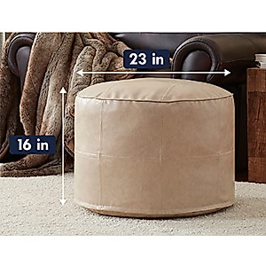 Ornavo Home Faux Leather Unstuffed Round Boho Moroccan Pouf Ottoman, Floor Footrest Cushion for Living Room - Beige