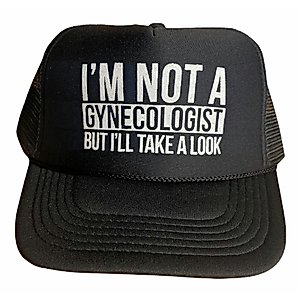I'm Not A Gynecologist But I'll Take A Look Snapback Trucker Hat for Men or Women, Vintage Fit with Funny Novelty Graphic, Custom Mesh Cap Black