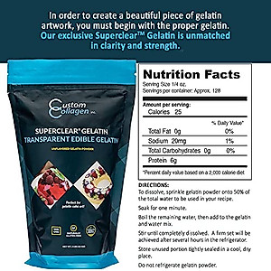 SuperClear Gelatin Powder (Grenetine) - 300 Bloom Food Grade Gelatin for Cake Art, Dessert Molds - Edible, Unflavored, Ko Kosher - 2 lb. Resealable Pouch