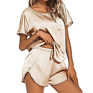 Ekouaer Women Satin Pajama Set Short Sleeve Lightweight Silk Pajama Set 2 Piece Lounge Sets with Shorts Champagne