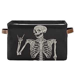 AUUXVA Human Skeleton Skull Storage Bins Basket, Day of The Dead Halloween Collapsible Storage Cube Rectangle Storage Box with Handles for Shelf Closet Nursery Bedroom Home Office 1 Pack