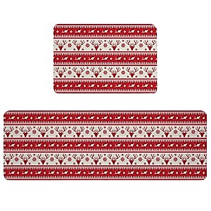 Libaoge Kitchen Mat Rug Set of 2 Christmas Elk Snowflake Xmas Tree Red Stripe Runner Rug Anti-Fatigue Comfort Memory Foam Standing Mat Non-Slip Floor Door Mat for Bathroom Bedroom 18x30in+18x60in