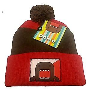 Domo Japanese Cartoon Red & Brown Stripe Cuff Pom Pom Cap Hat Beanie