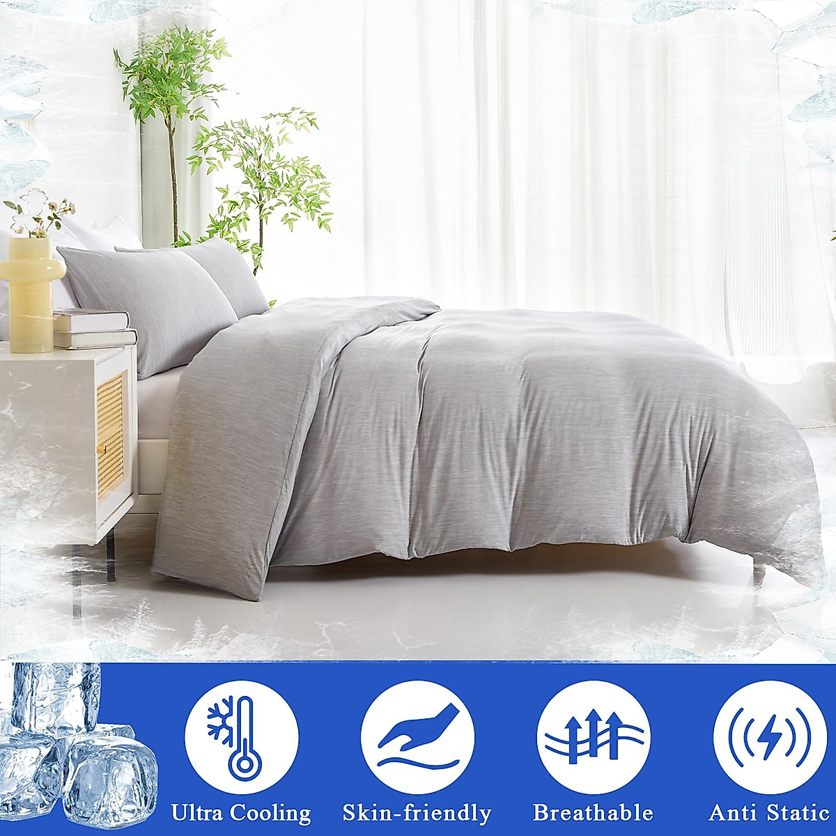 HCORA Cooling Duvet Cover Queen Size - Double Side Arc-Chill Q-Max>0.5 Cooling Fiber Duvet Cover Set 3PCS - Soft, Breathable, Cooling Comforter Cover with Zipper Closure & Corner Ties (Light Grey)