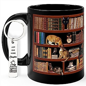 Kovan Library Bookshelf Mug Book Lovers Coffee Mug Library Mug for Cat and Book Lover Book Coffee Mug Book Mug Bookworm Mug Book Club Cup - Gifts for Readers Bookish Black Mug 11Oz With Keychain