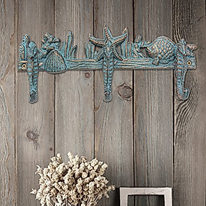 Stonebriar Decorative Cast Iron Seahorse Wall Hook Row, 11.2”, Turquoise