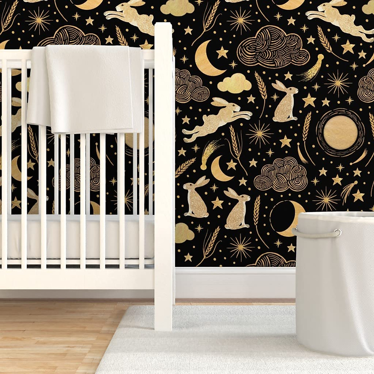 Peel & Stick Wallpaper 6ft x 2ft - Moon Hares Golden Black Stars Clouds Gold Night Custom Removable Wallpaper by Spoonflower