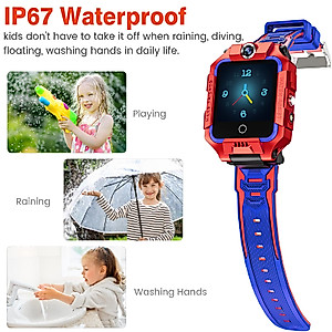 OKYUK 4G Kids Watch Phone T10, Funny 360° Rotation Screen Dual Camera Smart Watch for Boys Girls, IP67 Waterproof, 2-Way Calls, GPS, SOS, Video Calls, Remote Control, Pedometer Smartwatch (Red)