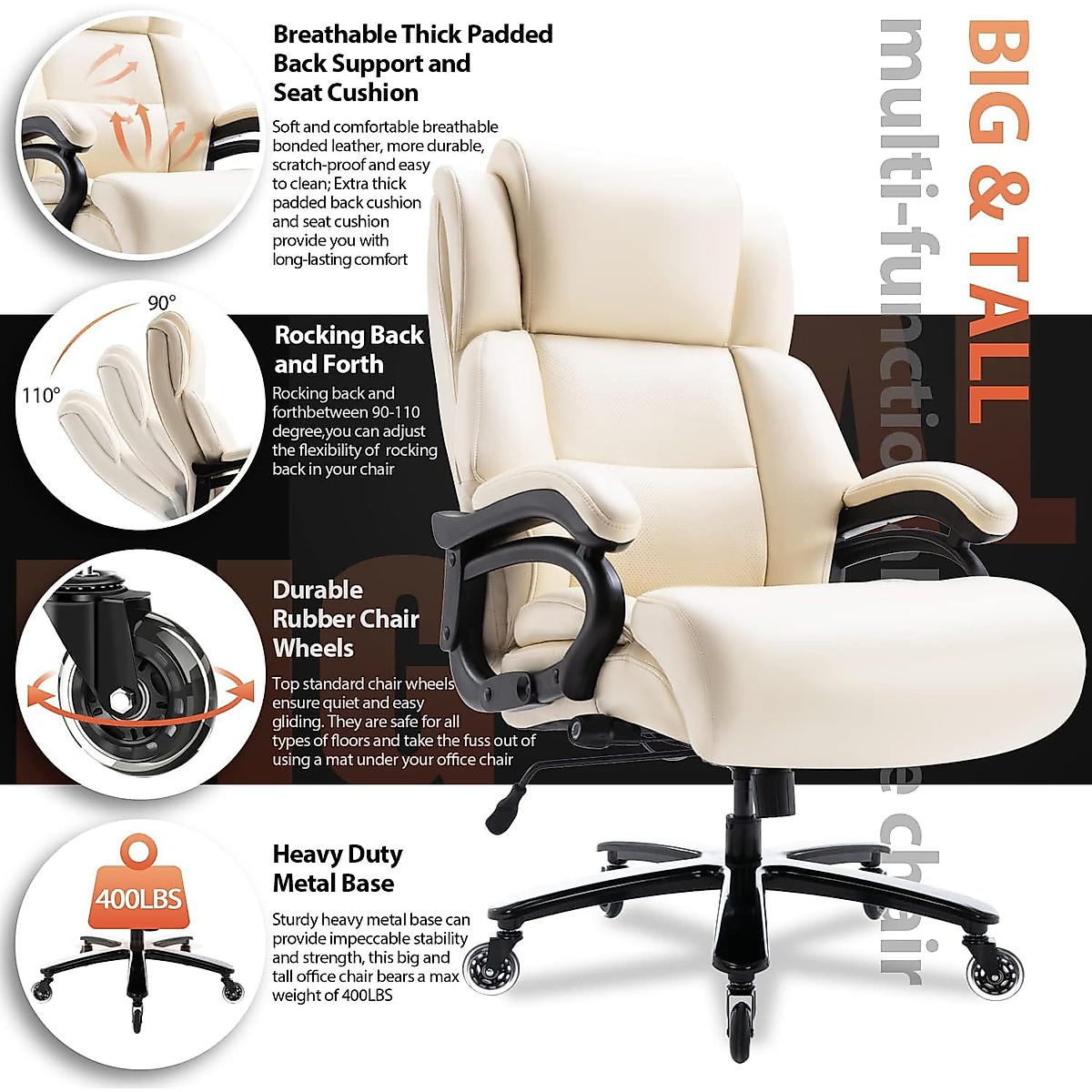 Big and Tall 400lbs Office Chair - Adjustable Lumbar Support Heavy Duty Metal Base Quiet Rubber Wheels High Back Large Executive Computer Desk Swivel Chair, Ergonomic Design for Back Pain, Beige