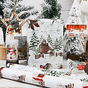 Vnaaem White Christmas Wrapping Paper Red Stripe Snowy Scene House Holiday Style Gift Wrap Paper Bulk for Winter Xmas Birthday Party - 20 X 28 Inches 8 Folded Sheets