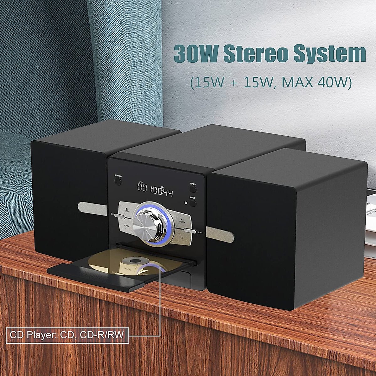 Micro CD Stereo Shelf System, 30W RMS Hi-Fi System with CD Player, Bluetooth, USB Playback, FM Radio, AUX-Input, 2-Way Music Crisp-Sound, DSP-Tech