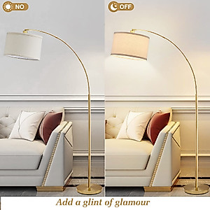 Arc Floor Lamps for Living Room, Gold Modern Floor Lamp, Tall Pole Lamp with Foot Switch, Adjustable Hanging Drum Shade, Over Couch Arched Reading Light for Bedroom, Office, LED Bulb Not Include