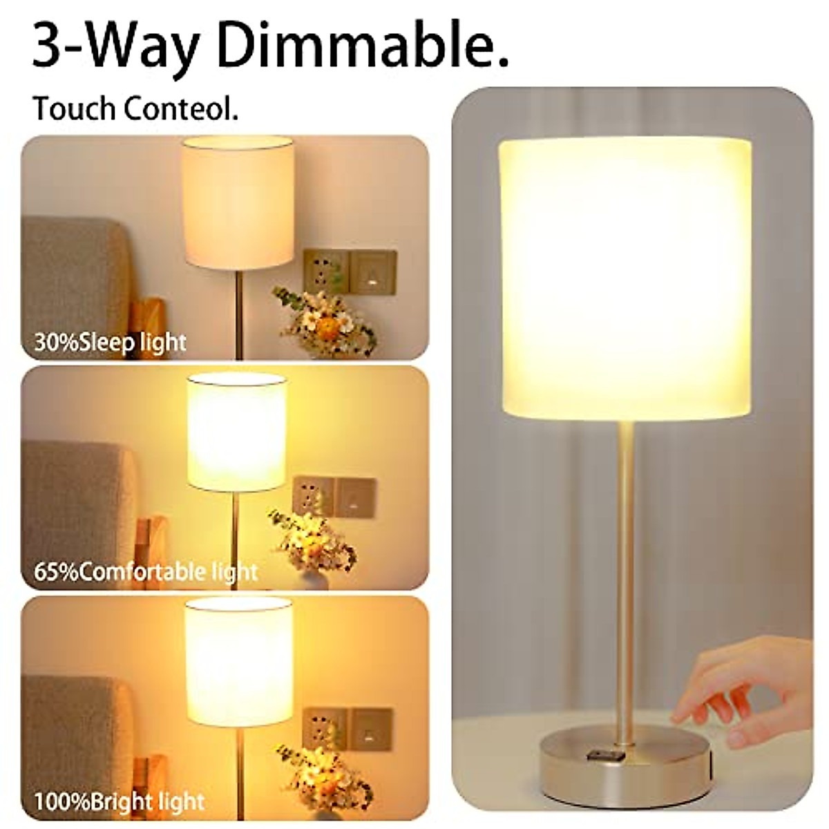 YAMEIWAN Bedside Lamps Set 2, 3 Way Full Dimming lamp with USB Ports, Type-C and AC Outlet, Nightstand Lamp for Bedroom Living Room, (LED Bulb Included) White