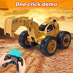 Dawdix Remote Control Excavator Toy Truck, Rotate 360 degrees Excavator Construction Vehicles with LED Light, 2 Rechargeable Batteries, Ideal Gift for Kids