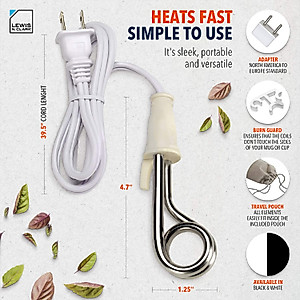 Lewis N. Clark Portable Immersion Water Heater, Electric Kettle Alternative for Coffee, Tea + Hot Chocolate, Camping, Travel + Office with Travel Adapter, White