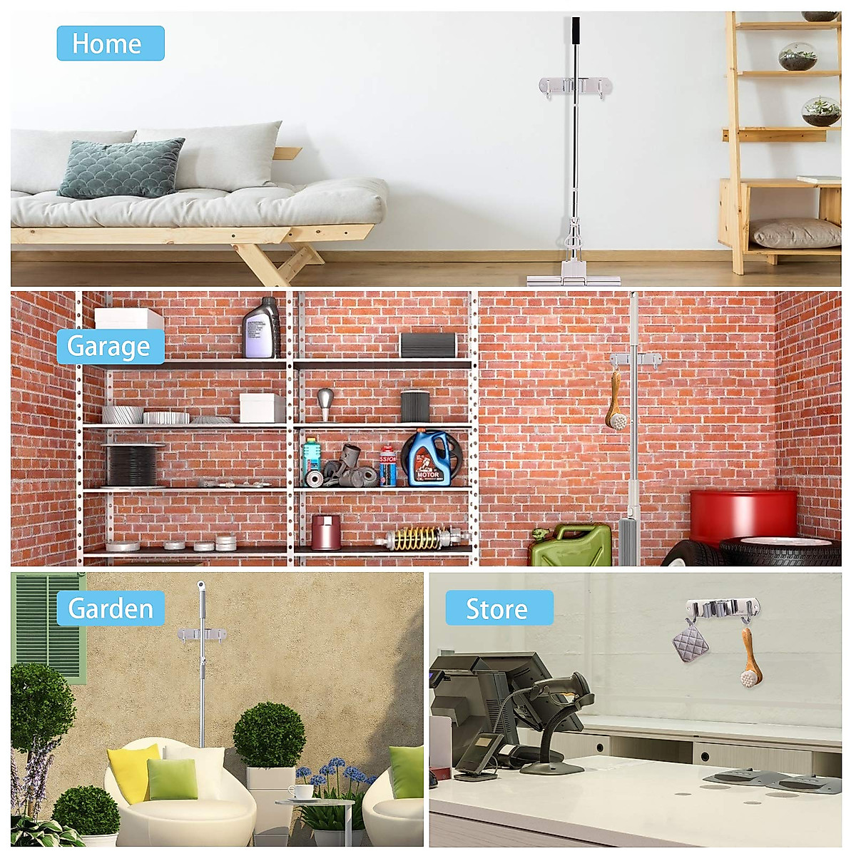 Tidysun Mop and Broom Holder Wall Mounted,Heavy Duty Stainless Mop Holder Wall Mount with 1 Gripper and 2 Hooks,Mop Broom Holder for Kitchen Bathroom Garden Garage 1 Pack(Grey)