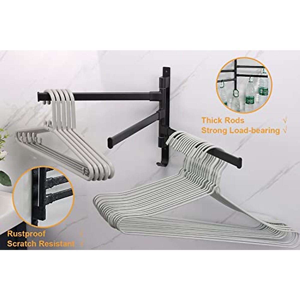 TocTen Swivel Towel Rack, Rustproof and Durable Space Saving Towel Hanger, Towel Bar Swing Out 180° Rotation, Wall Mounted/Glue Mounted Towel Rod with Hook for Bathroom, Kitchen (3-Arm, Black)