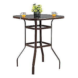 VINGLI Outdoor Bar Table Metal Brown Patio Bar Table, Tempered Glass Table Top Outdoor Console Tables Pub Table for Patio High Top Table