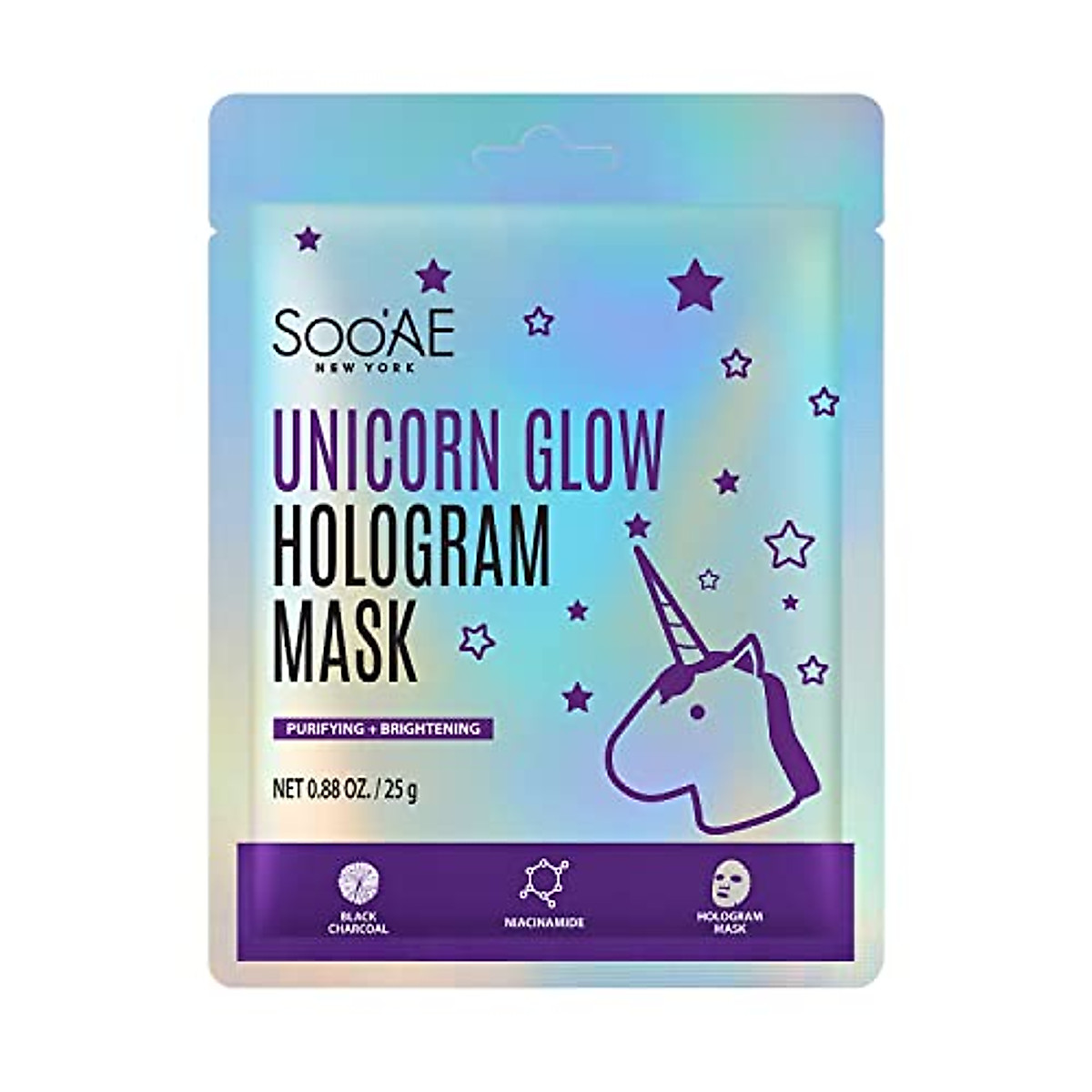 Soo'AE Unicorn Glow Hologram Mask [ 12 EA ] Clarify Brightening Hydrating Holographic Foil mask with Binchotan Activated Black charcoal Niacinamide Witch Hazel Detoxifying Soothing Mask