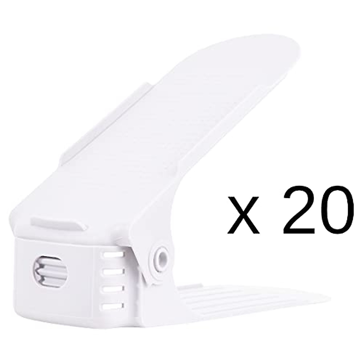 Set of 20 Adjustable Shoe Risers, Double Your Storage Space, 50% Space Saving Double Layer, Shoe Holder Rack Stacker Slots for Closet Shelf Organizer (White)