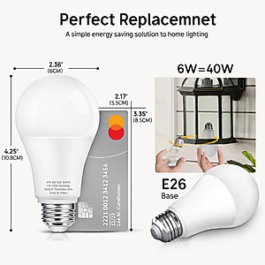 Dusk to Dawn LED Outdoor Light Bulbs 40W Equivalent, A19 Automatic On/Off Sensor Light Bulb Daylight 5000K, Dusk to Dawn Light Bulbs for Outdoor Lighting Porch Garage Backyard Patio, 4 Packs