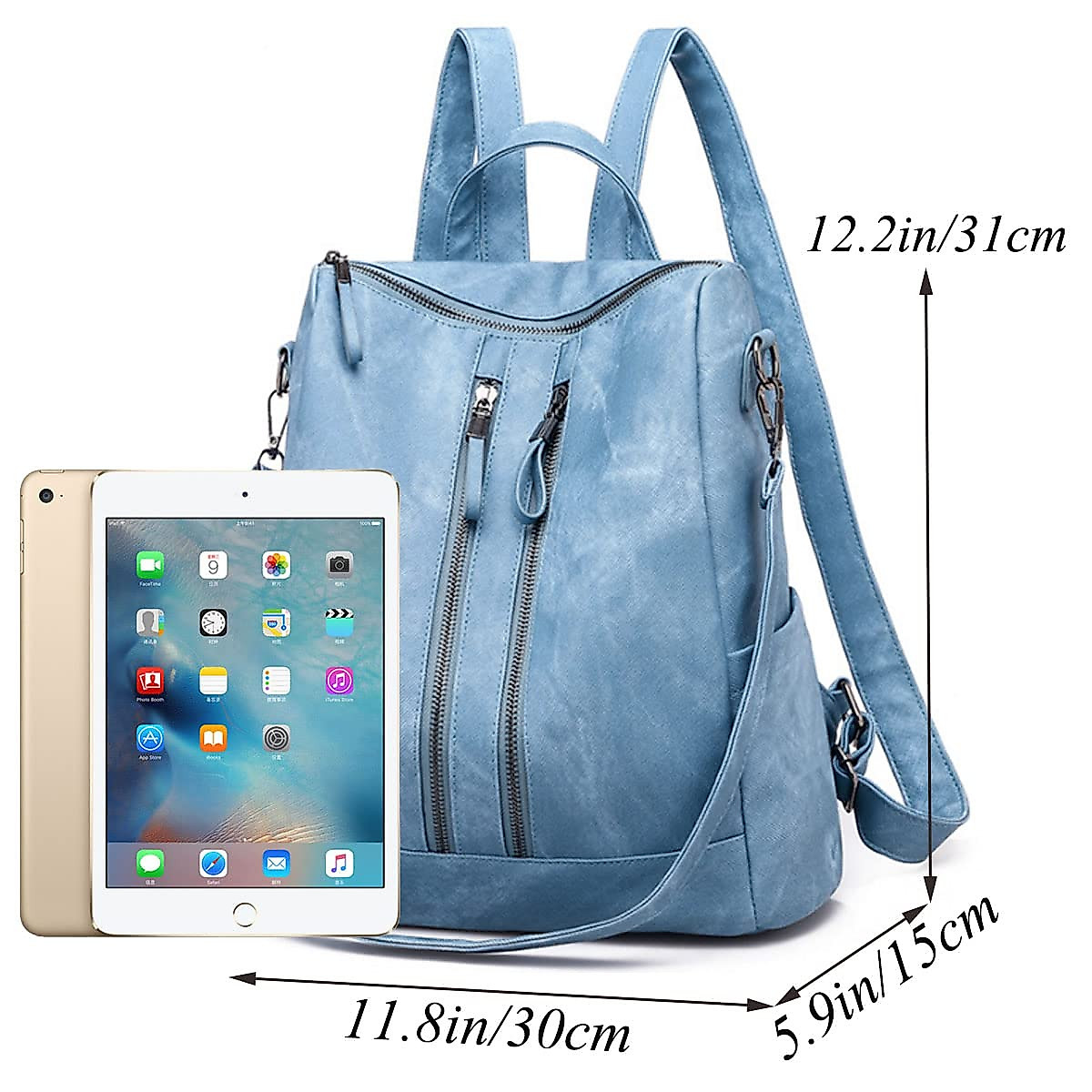 Poopy Women Multifunctional Soft Leather Handbag Purses Shoulder Backpack Crossbody Zipper Bag with Pocket (blue)
