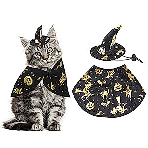 Hying Halloween Pet Black Witch Cloak for Cosplay Party Decoration, Cat Witch Hat Cosplay Costumes for Puppy Kittens Pet Accessories
