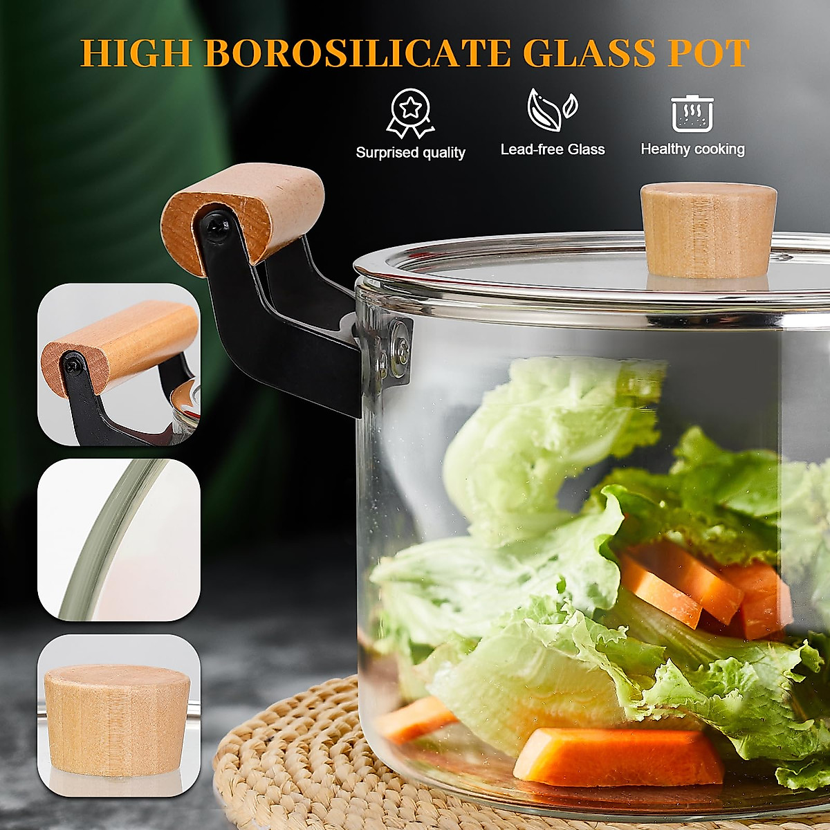 3.5 Qt Clear Glass Pot for Cooking on Stove, Big Glass Cooking Pot with Wooden Handle, Large Glass Simmer Pot for Stove Potpourri, Glass Frying Pot with Clear Lid for Boiling Pot by Nidhdsda