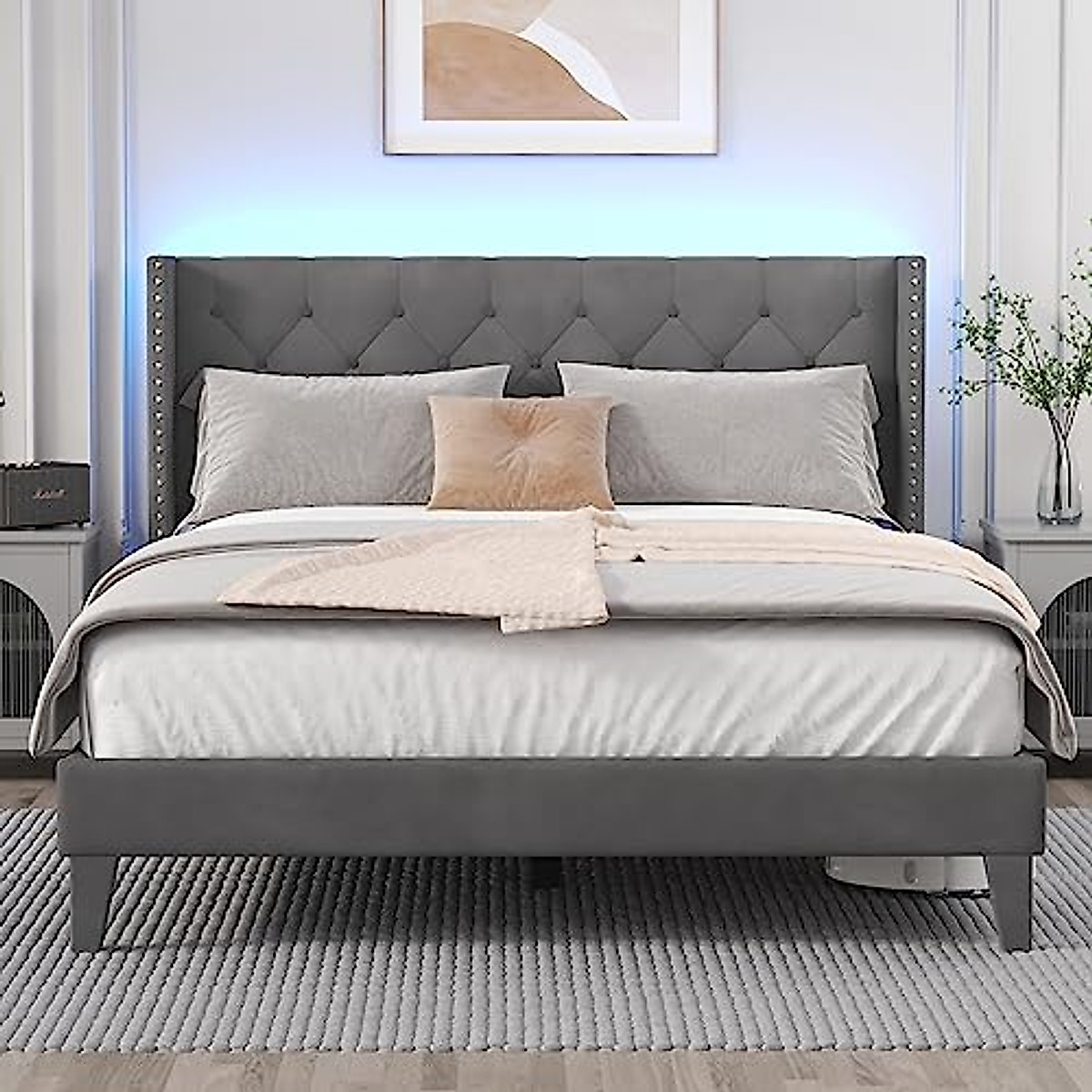 DOGIBIXO Queen Size Bed Frame with LED Lights, Upholstered Bed Frame with Wingback Diamond Tufted Headboard, Wood Slats Support, Noise-Free, Easy Assembly, No Box Spring Needed, Grey