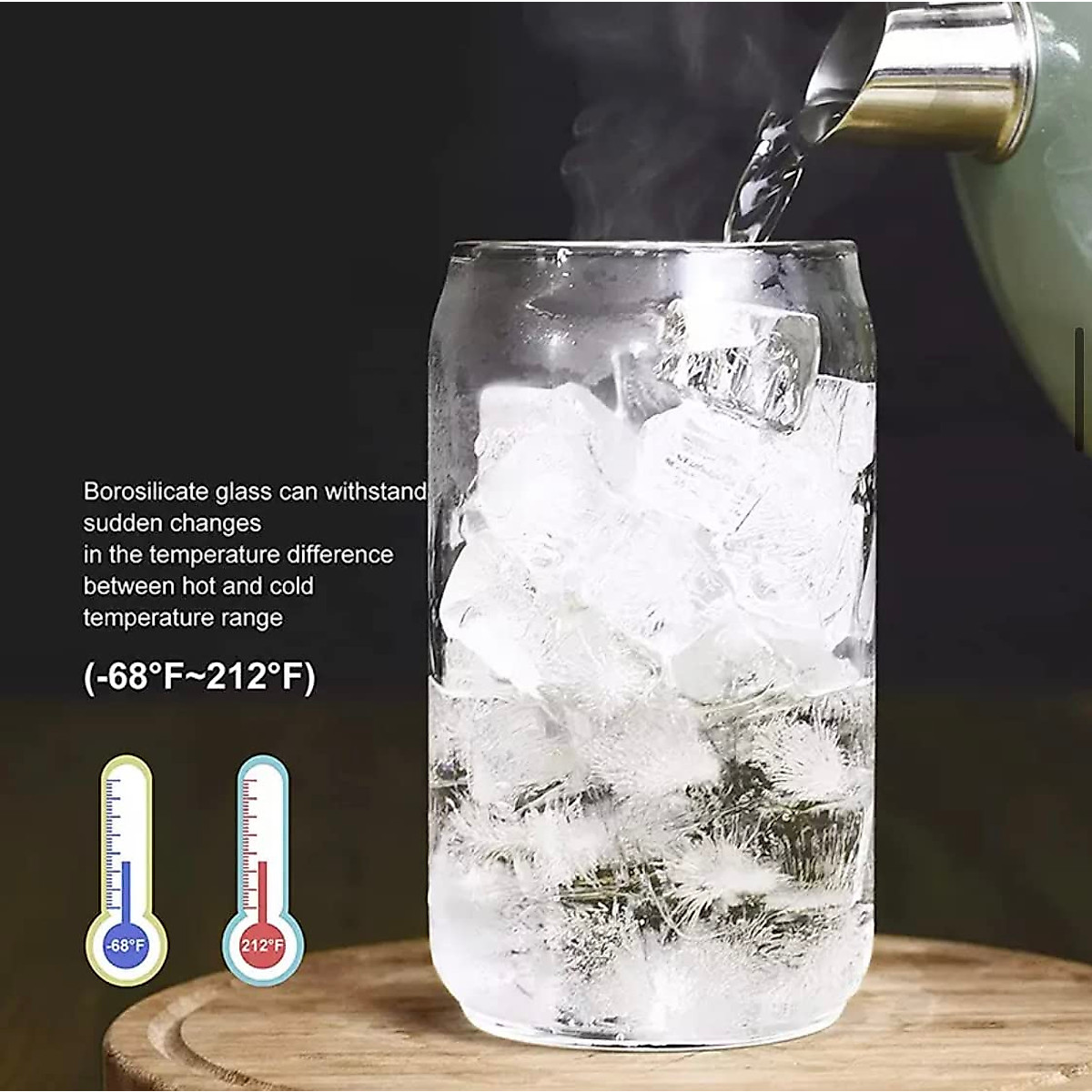 Drinking Glasses with Bamboo Lids and Glass Straw 4pcs Set - 16oz Can Shaped Glass Cups, Beer Glasses, Iced Coffee Glasses, Ideal for Cocktail, Whiskey, Gift - 2 Cleaning Brushes