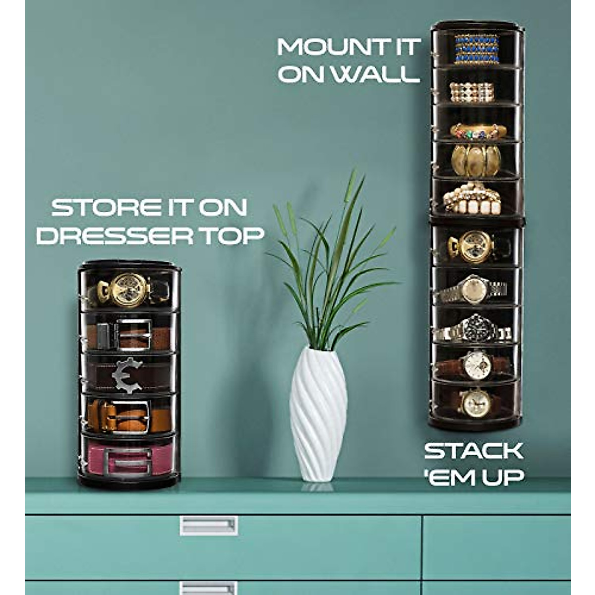 ELYPRO Premium Acrylic Belt Organizer - Sleek, Multi-Functional Storage for Belts, Jewelry, Makeup & Hair Accessories - Transparent, Rotating Drawers, Stackable & Wall-Mountable Design