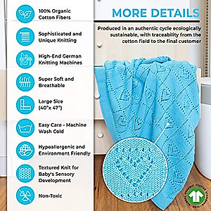 100% Organic Cotton Large Knit Baby Blanket, Swaddle, Receiving, Stroller and Photography Blankets, Pink, Blue and White, 40”x47” GOTS Certified – Boy, Girl for Newborn, Infant and Toddler (Blue)