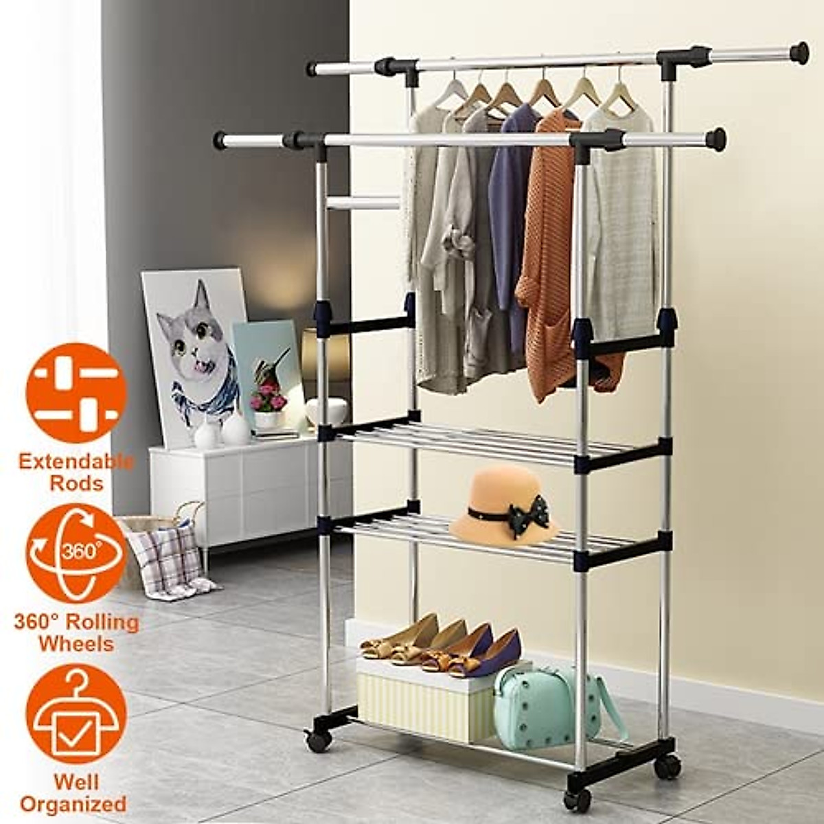 KOCASO Garment Rack with Wheels Double Rod Clothes Rack Clothing Rack with Shelves Rolling Clothes Rack