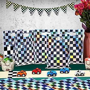 50 Pcs Iridescent Checkered Race Car Party Favor Bags, Plastic Black and Iridescent Car Goodie Treat Bags, Racecar Laser Plaid Candy Gift Bags for Kids Fast Race Car Birthday Party Decorations