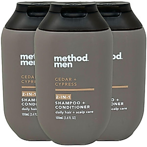 Method Men 2-in-1 Shampoo Plus Conditioner, Cedar and Cypress, Daily hair and Scalp Care, Paraben and Phthalate Free, Mini Travel Size 3.4 oz (Pack of 3)