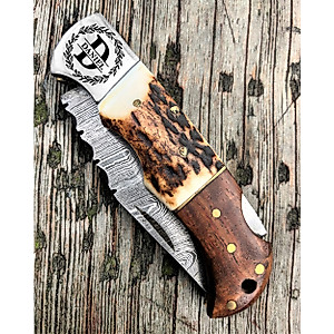 WINTERFELL Personalized Damascus Steel Pocket Folding Knife Stag Antler Handle 6.5", Customized Gift for Husband Dad, Custom Groomsmen Gifts, Best Man Gifts for Wedding