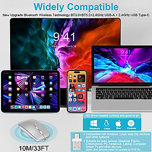 Bluetooth Wireless Mouse for MacBook Air Mac Pro Laptop Computer iPad Pad PC Optical Rechargeable Silent Mouse with Dual Mode Switch Mouse Bluetooth 5.2/3.0 and 2.4GHz USB Type-C Receiver (White)