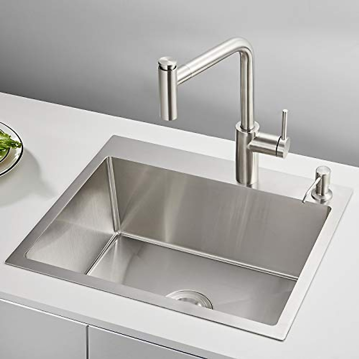 ROVOGO 24 x 18 inches Drop-in Kitchen Sink Single Bowl with 2 Holes, 304 Stainless Steel Handmade Residential Sink Brushed