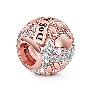 GNOCE Rose Gold Charms Sterling Silver Dog Mom Animal Charm Bead With Paw Prints Fit Bracelet/Necklace Jewelry Gift for Women Pet Lover