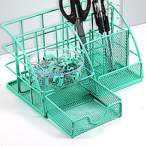 Desk Organizers and Accessories Office Supplies Organizer with Pen Holder, 72 Clips Set and Phone Stand, Metal Mesh Desktop Organizers with Drawer for Home, Office, School Ect (Rose Gold)