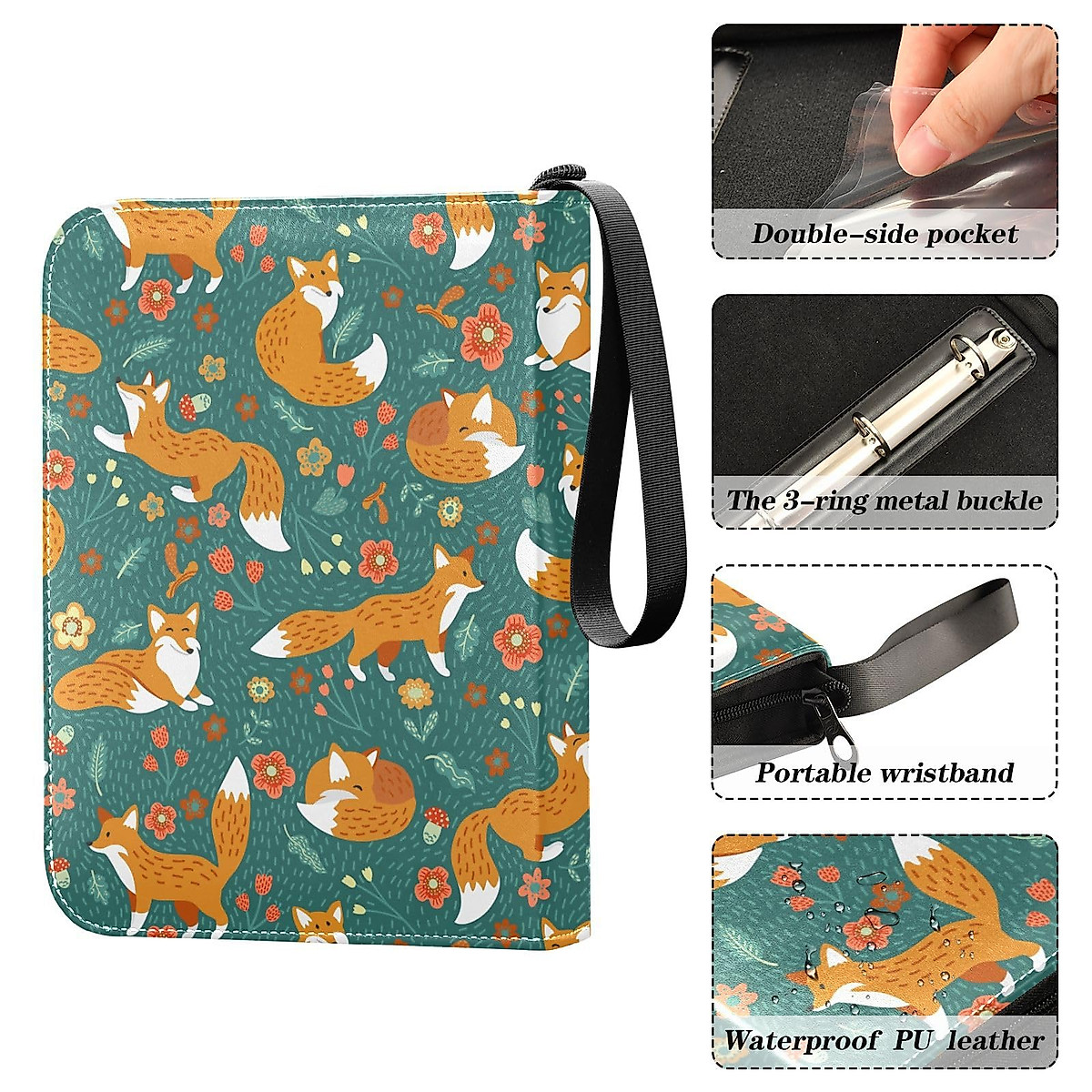 PYBUG Fox Trading Card Binder with Nylon Strap 4-Pocket Waterproof PU Leather Card Collection Binder for 400 Cards Sturdy Card Holder Folders for Game Cards,Sports Cards