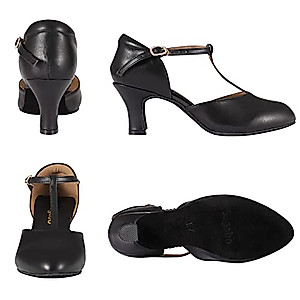 Women's Latin Ballroom Dancing Heels Wedding Pumps T-Strap Character Shoes, Black 8 M US