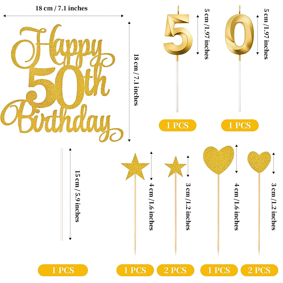 Lecferrarc 50th Birthday Cake Decorations, 50th Birthday Candles Cake Numeral Candles and Glitter Happy 50th Birthday Cake Toppers Set for Birthday Party Supplies (Gold)