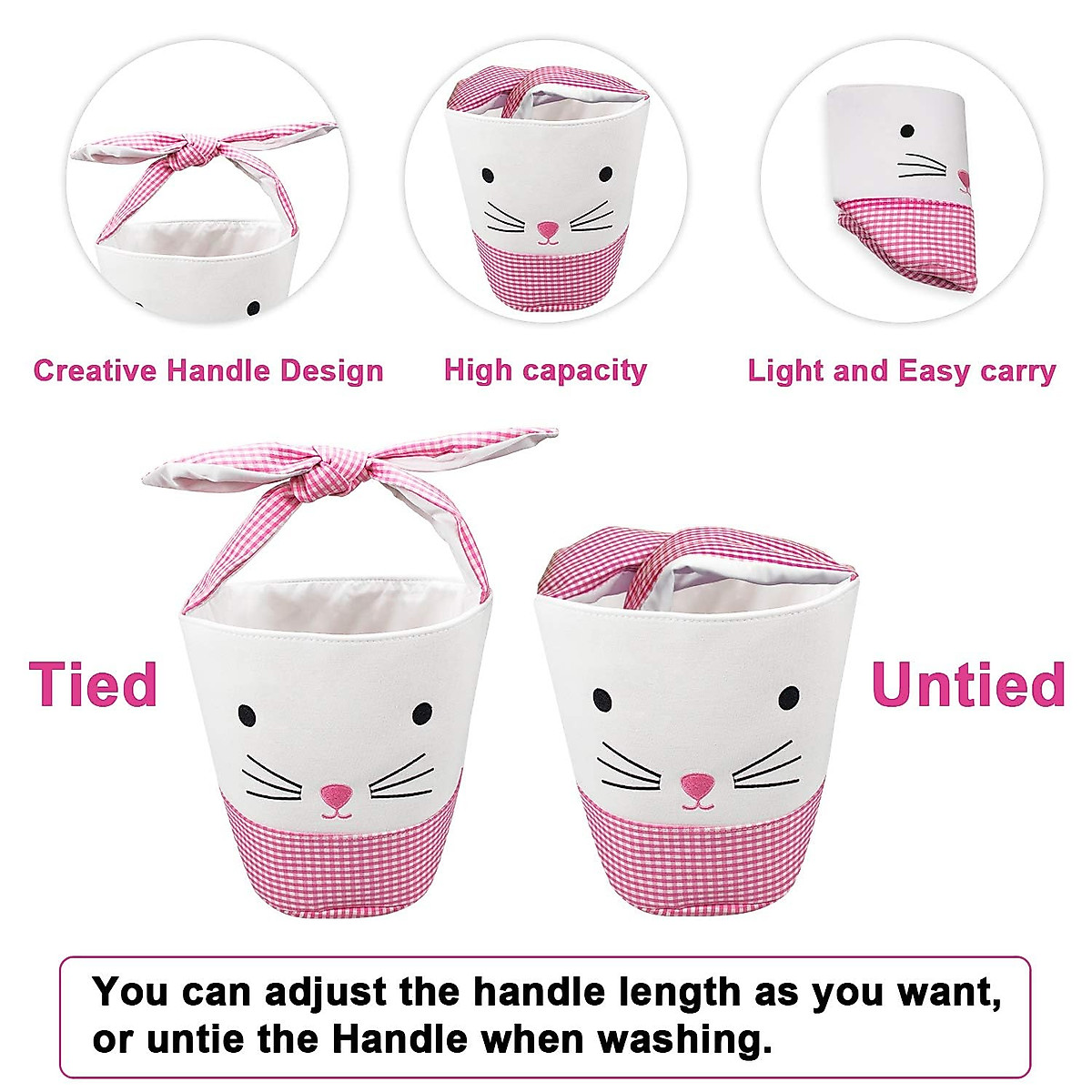 Leesgel Bunny Easter Basket for kids, Easter Basket for Girls Boys Easter Baskets with Handle Easter Bucket Gift Baskets for Kids Easter Basket Bags Party Favors for Kids (Pink)