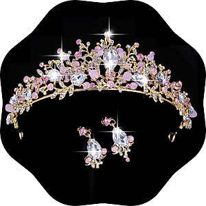 Kamirola Wedding Crown Bridal Tiaras with Earrings Pink Purple Headband for Women and Girls (Pink) …